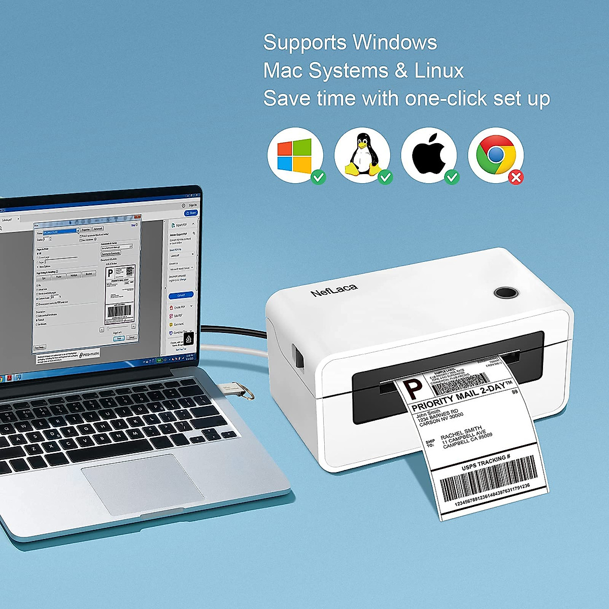 NefLaca Thermal Label Printer,4x6 High Speed USB Shipping Label Printer Commercial Direct Thermal Label Maker One Click Setup Compatible with Amazon, Ebay, Etsy, Shopify and FedEx (White)