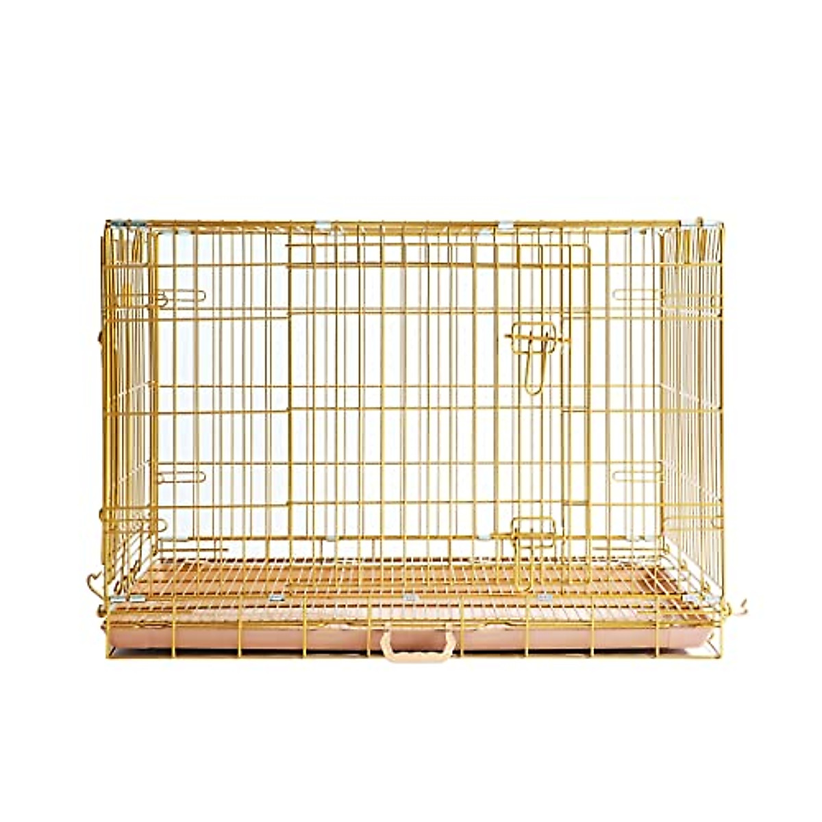 HOMEY PET Gold Dog Crate 36 Inch, Portable Folding Metal Wire Dog Kennel Pet Dog Cage with Removable Floor Grid, Pull Out Leak-Proof Pan, Double Doors, Handle for Medium Dogs, Indoor Outdoor Travel