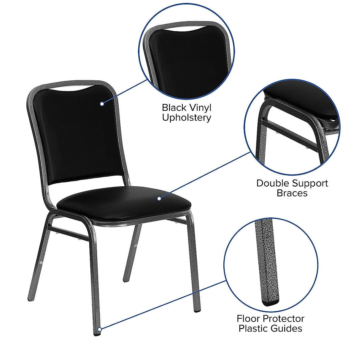 EMMA + OLIVER Stacking Banquet Chair in Black Vinyl - Silver Vein Frame