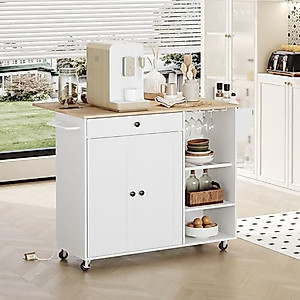 HOOBRO Kitchen Island with Storage, Rolling Kitchen Island with Folding Drop Leaf, Charging Station, Spice Rack, Drawer, Mobile Kitchen Island On Wheels, for Kitchen, White and Natural WN95UZD01