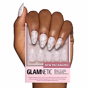 Glamnetic Press On Nails - Silent Night | Short Almond White Nails with 3D Silver Foil in a Glossy Finish | 15 Sizes - 30 Nail Kit with Glue