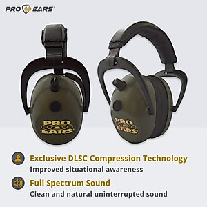 Pro Ears Gold II 26 Ear Muffs, NRR 26, Military Grade Electronic Hearing Protection with DLSC Compression, Gel Ear Seals & Auto Shut Off, Amplifies Sound 8x, Made in USA, Green