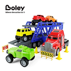 Boley 5-in-1 Big Rig Hauler Truck Carrier Toy - Complete Trailer with Construction Toys and Accessories - Great Toy for Boys, Girls who Love Cars and Trucks!