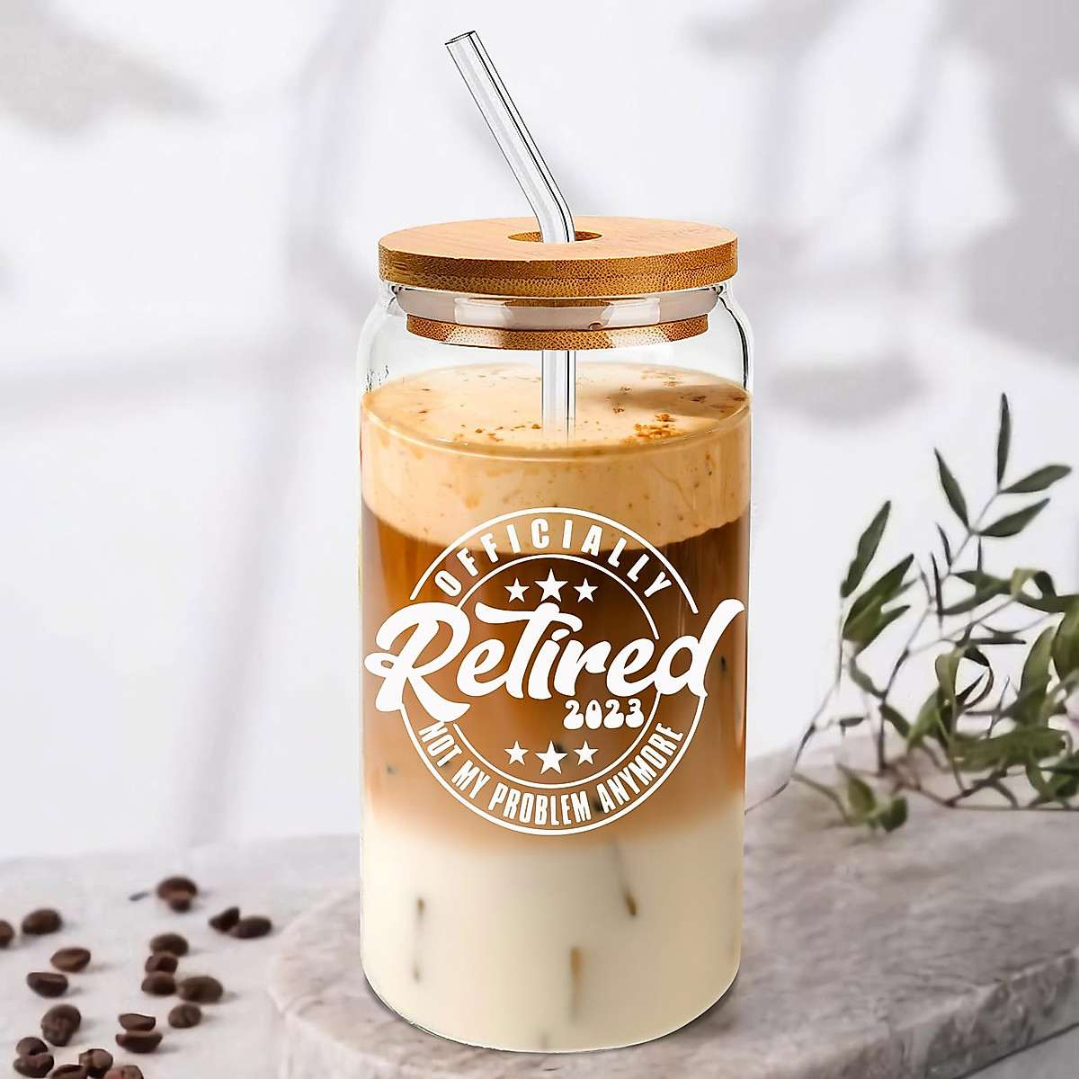Ymuklns Offically Retired 2023 16 oz Iced Coffee Glass Cup with Lids and Straw - Retirement Gift Memorable Gift for Women Men Friends Dad Mom Mother's Day Gift