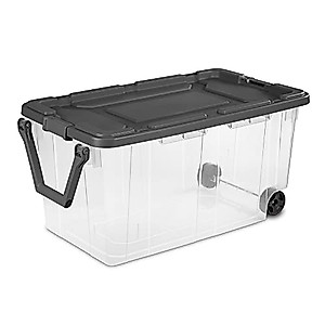 Sterilite 160 Quart Plastic Stacker Box, Lidded Storage Bin Container for Home and Garage Organizing, Shoes, Tools, Clear Base & Gray Lid, 2-Pack