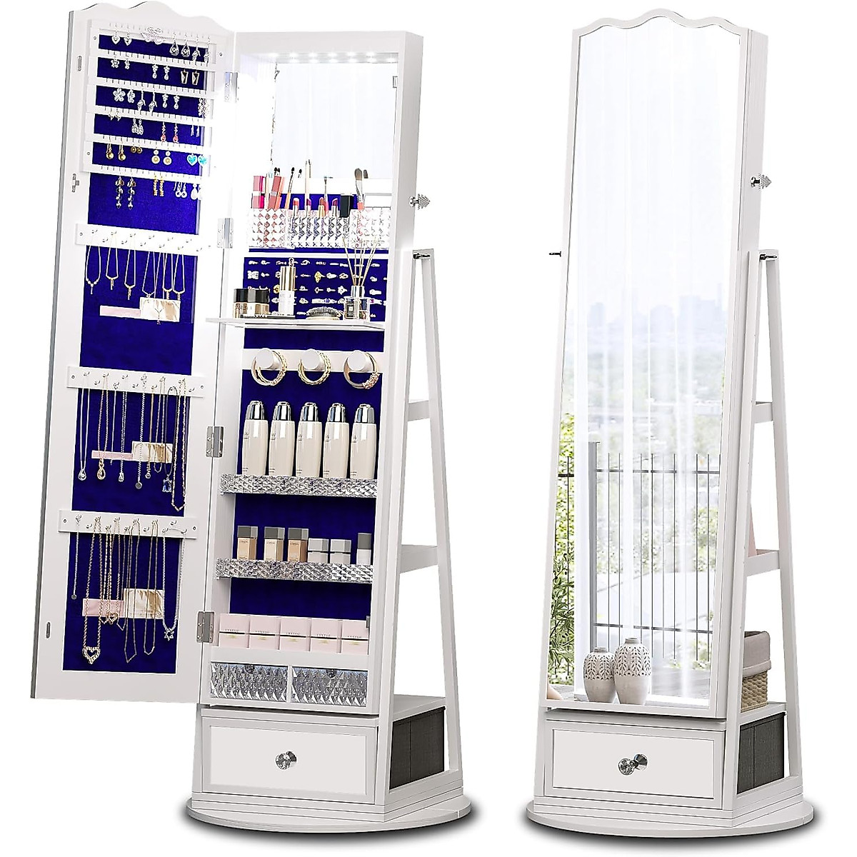 Full-Length Standing Mirror Jewelry Cabinet with Lights, Storage, and Rotating Shelf - White