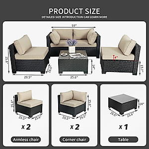 Outdoor Patio PE Wicker 5 Piece Furniture Set, Black Rattan Sectional Conversation Sofa Chair with Coffee Table,Khaki Cushion