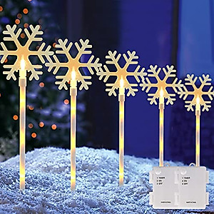 WATERGLIDE 10 Pcs Christmas Snowflake Pathway Stake Lights, 2 Pack x 5 Lighted Snowflakes Pathway Marker, Battery Operated with Timer Holiday Decorative Lights for Walkway Garden Xmas Winter