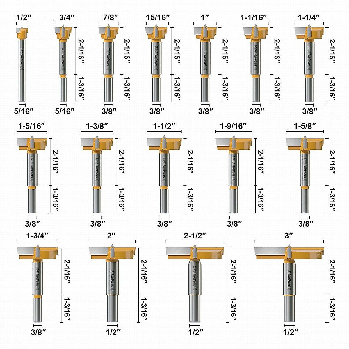 FivePears 16 Pcs Forstner Drill Bits Set, Carbide Tipped Wood Hole Saw Auger Opener, Hole Opener Hinge Hole Cutter for Woodworking, Plastic, Plywood Products
