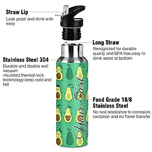 Glaphy Custom Water Bottle, Cute Avocado Water Bottle with Straw Lid, BPA-Free, 20 oz Insulated Stainless Steel, Personalized Name, for School, Office, Gym, Sports, Travel