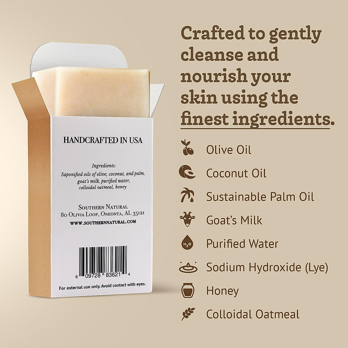 Southern Natural Oatmeal Soap Bar (3 Pack) Unscented Goat Milk Soap Bars With Colloidal Oatmeal & Honey. For Dry, Sensitive Skin. Fragrance Free Cleanser