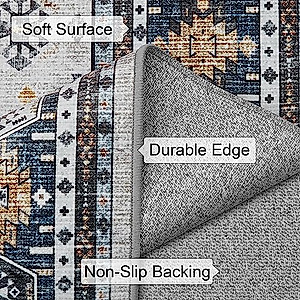 Washable Rug Living Room Rugs: 8x10 Area Rug Large Boho Medallion Distressed Carpets Indoor Soft Floor Anti Slip Carpet for Under Dining Table Bedroom Farmhouse Home Office - Blue/Orange Brown