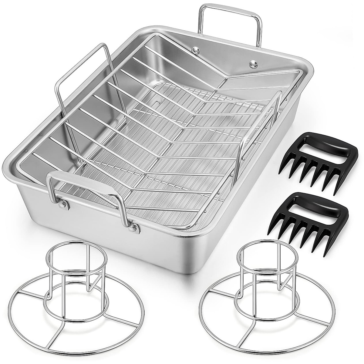 16" Roasting Pan with Rack, 7 PCS P&P CHEF Stainless Steel Roaster Lasagna Pan with Cooling Flat & V-shaped Baking Rack, Grilling Chicken Holder, Meat Shredding Claws, Dishwasher & Oven Safe