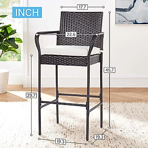 PayLessHere 30" Patio Bar Stools Set of 2 Wicker Outdoor Bar Chairs Rattan Chairs All-Weather Patio Furniture with Footrest Armrest and Khaki Cushion for Garden Pool Lawn Backyard, Brown