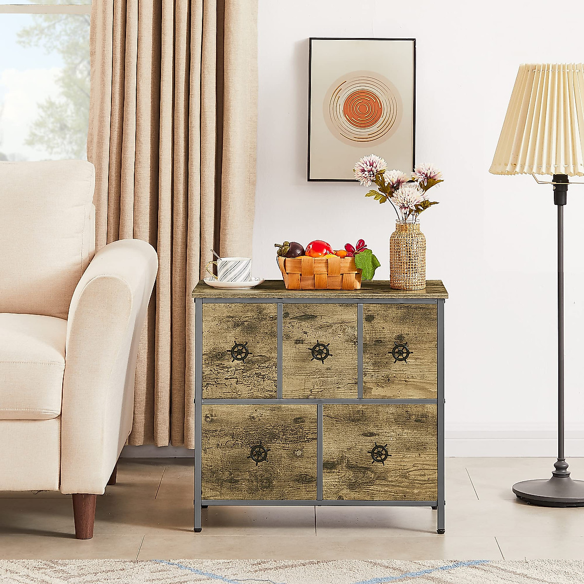 VECELO Dresser for Bedroom with 5 Drawers, Small Chest of Drawers for Living Room, Nursery, Entryway, Fabric Furniture Clothes Storage Tower with Steel, Wood Top, Grey