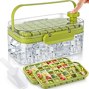 Kamsyluci Ice Cube Tray With Lid And Bin, Ice Cube Trays For Freezer, 64pcs Ice Lattice Molds Ice Container Maker For Freezer Box With Easy Release, Ez Ice Tray And Ice Scoop (Green)