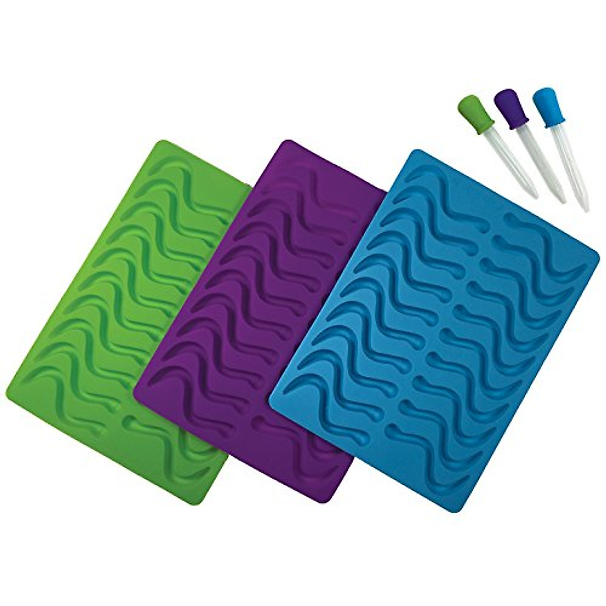 Better Kitchen Products, 3 Piece, 20 Cavity Silicone Gummy Worm Molds with 3 Matching Droppers, Purple, Aqua and Lime