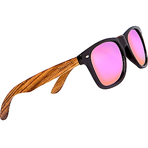 Woodies Zebra Wood Sunglasses with Pink Mirrored Polarized Lens and Real Wooden Frame for Men and Women | 100% UVA/UVB Protection