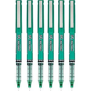 Pilot Precise V5 Stick Rolling Ball Pens, Extra Fine Point, Green Ink, Pack Of 6
