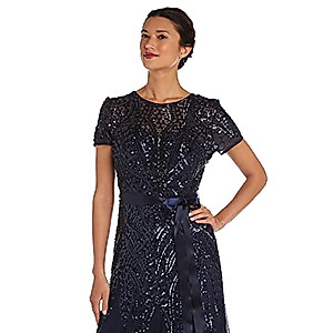 R&M Richards Women's One Piece Short Sleeve Embelished Sequins Gown,  Navy,  10