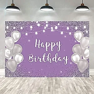 5×3ft Violet Purple Silver Happy Birthday Backdrop Girls Silver Balloon White Lights Girls 16th 20th 30th Birthday Party Banner Decorations Background Portrait Studio Props