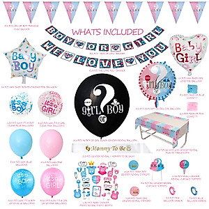 Gender Reveal Party Supplies - (200 Pieces) 36 Inch Reveal Balloon, Boy or Girl Banner, Mommy To Be Sash, Baby Shower Decorations, Foil Balloons and Boy Or Girl Balloons, Team Girl & Boy Stickers
