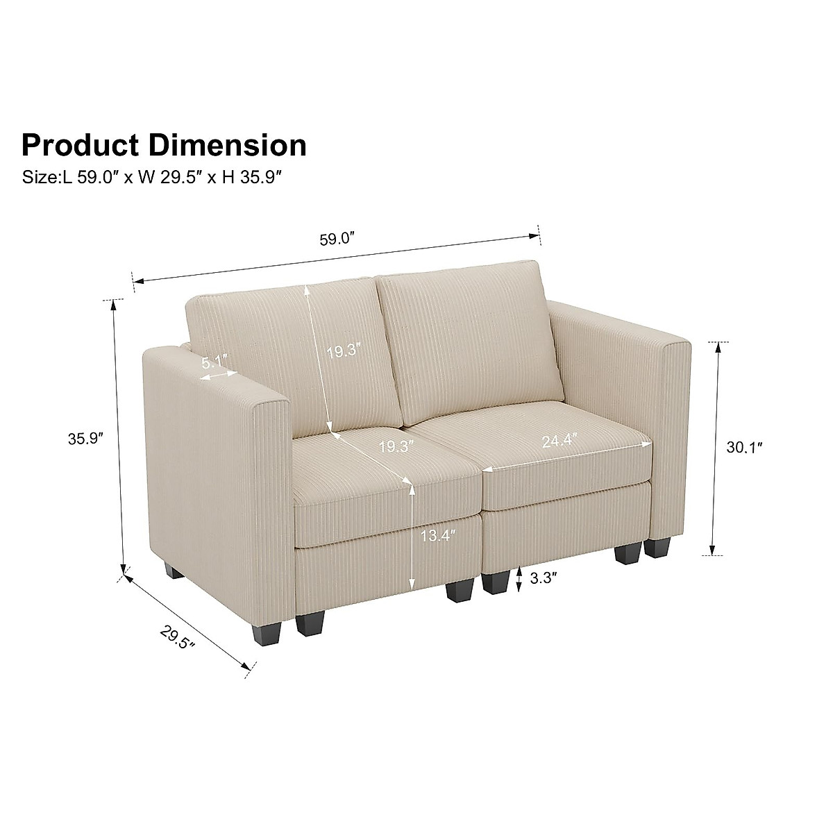 Belffin Corduroy Loveseat, Luxury Modular Love Seat with Storage, Modern Couch for Living Room, Beige