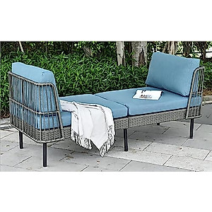 YITAHOME Wicker Outdoor Chaise Lounge, Oversized Patio Love Sofa, 74 Length Outdoor Indoor Upholstered Sofa Recliner Daybed with Thickness Cushion Indoor Lounger for Balcony Garden Pool - Blue