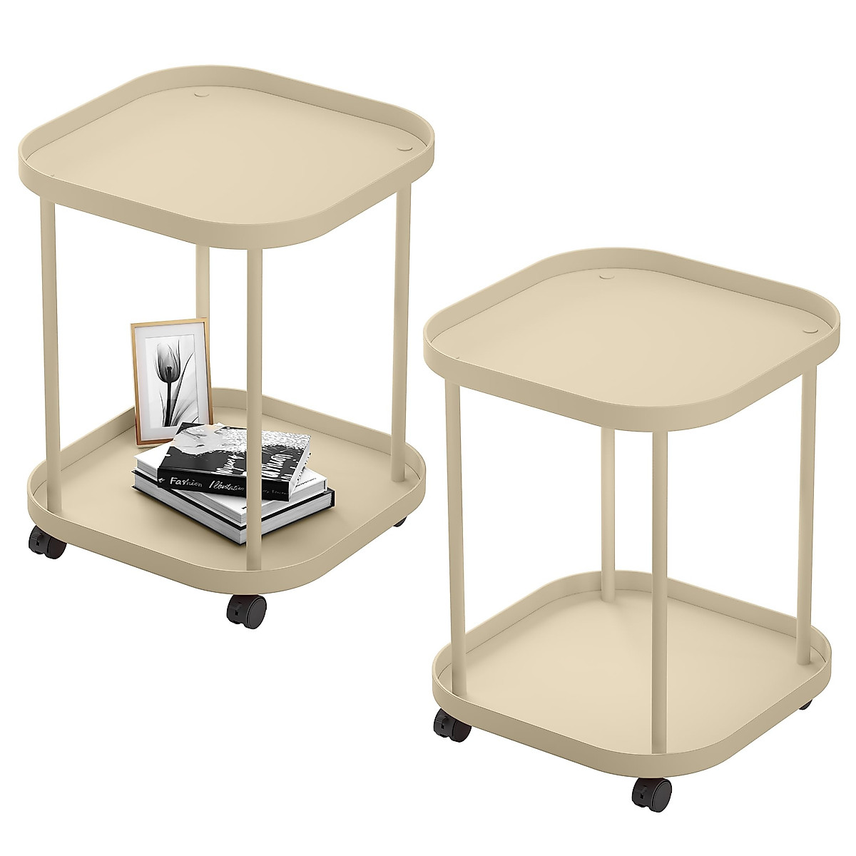 villertech Side Table with Wheels, End Table Living Room Plastic Mobile Sofa Side Table Small Night Stand Bedroom Khaki (2 Pack)