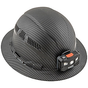 Klein Tools 60347 Hard Hat, Vented Full Brim, Class C, Premium KARBN Pattern, Rechargeable Lamp, Padded Sweat-Wicking Sweatband, Top Pad