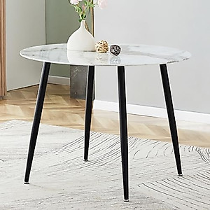 JBFF 40" Modern Minimalist Glass Dining Table for 2-4, 0.3" Thick White Circular Imitation Marble Pattern Tabletop with 4 Black Metal Legs, Suitable for Dining Living Room Restaurant