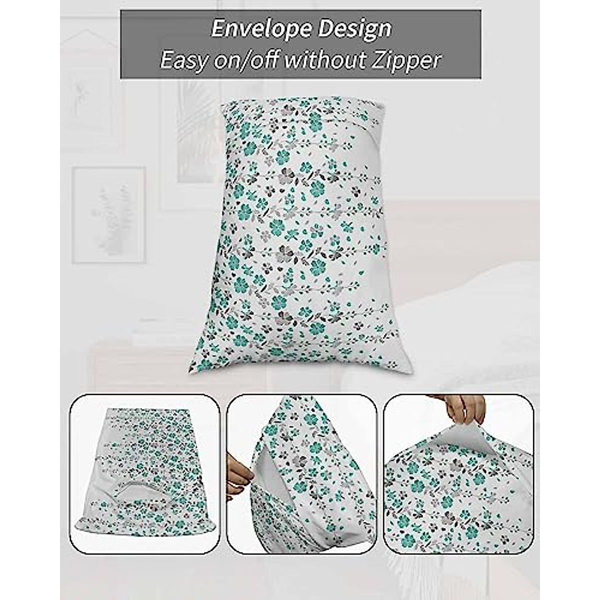 Edwiinsa Weeping Flowers Pillow Covers Standard Size Set of 2 20x26 Bed Pillow, Teal Grey Summer Spring Floral Botanical Art Plush Soft Comfort for Hair/Skin Cooling Pillowcases with Envelop Closure