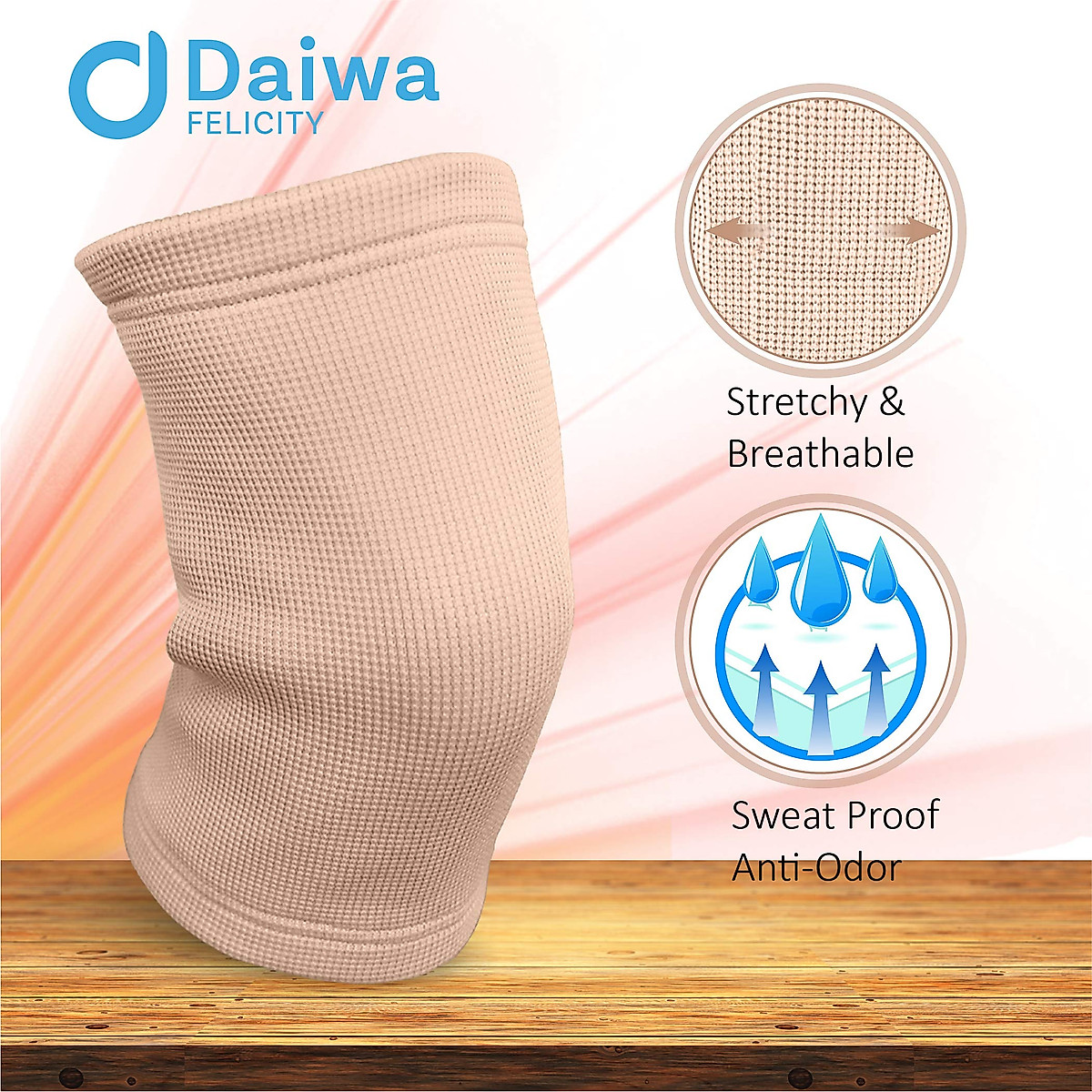Daiwa Felicity Knee Compression Sleeve for Pain Provides Uniform Support to The Entire Knee – Magnetic Brace for Arthritis, Joint Pain, and Injury Recovery Fits Men and Women, Beige