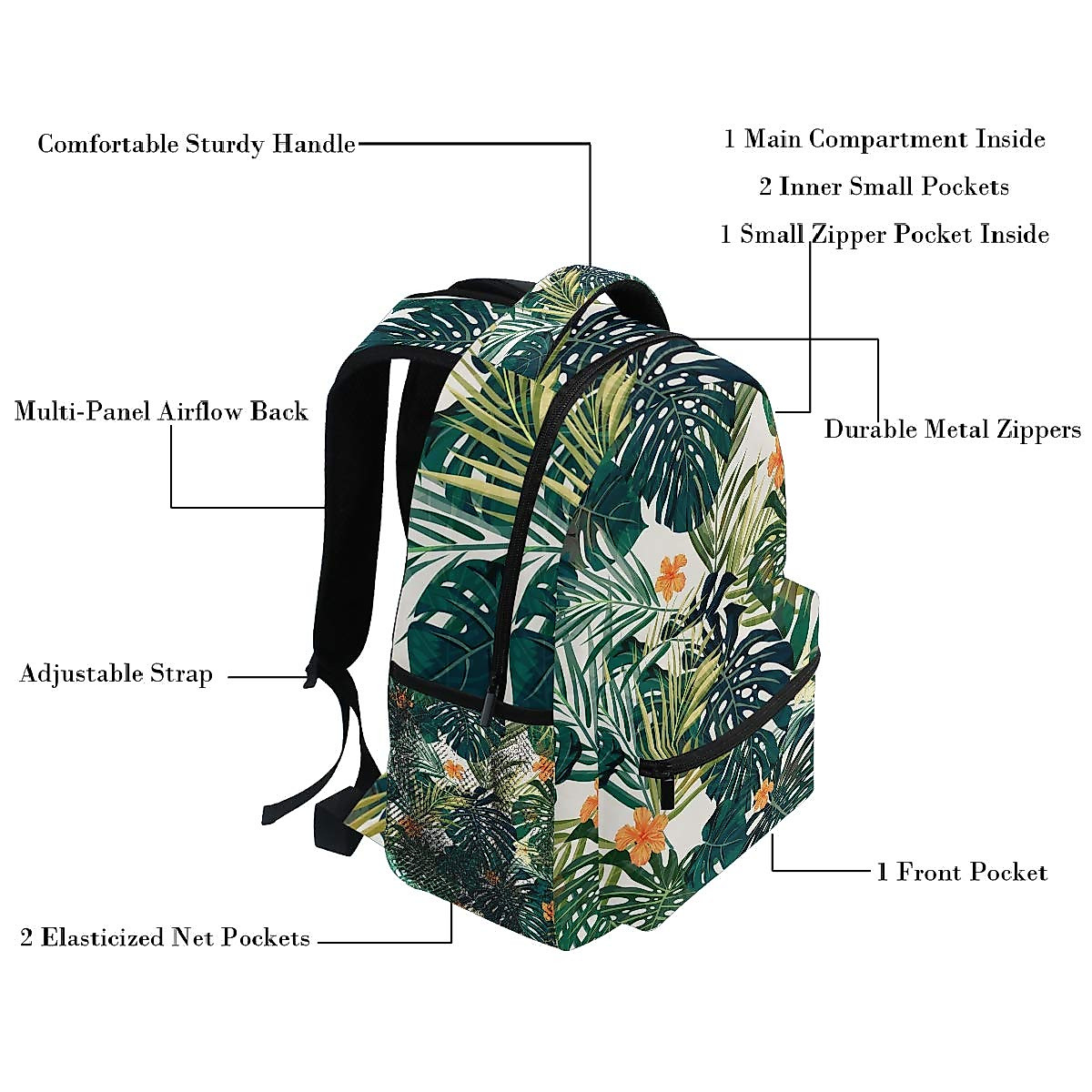 Oarencol Tropicalsummer Hawaiian Flower Palm Leaves Orange Floral Backpacks Bookbags Daypack Travel School College Bag for Womens Girls Mens Boys Teens