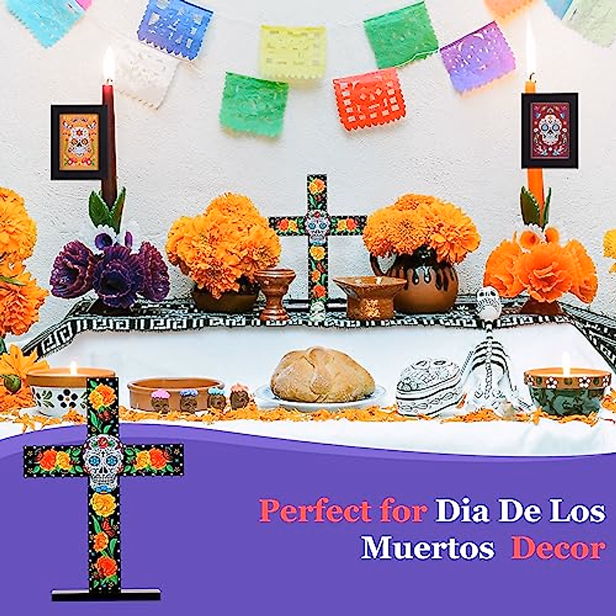 Thyle Table Wooden Cross Decor Mexican Cross for Home Tables Standing Cross Dia De Los Muertos Sugar Skull Signs for Day of the Dead Home Church Party Decoration