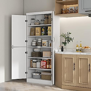 HOMCOM 70" Kitchen Pantry Cabinet, Freestanding Storage Cabinet with 4 Doors and 2 Adjustable Shelves for Dining Room, White