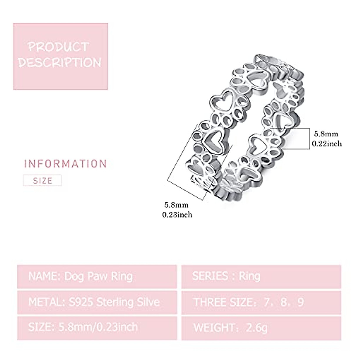 PRAYMOS Dog Paw Rings for Women S925 Sterling Silver Cute Cat Puppy Paw Print Ring Stackable Ring Pet Jewelry Gifts Size 5-11 (9)