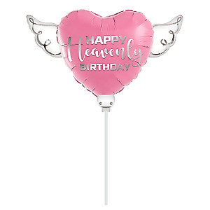 Heavenly Balloons on a stick Happy Heavenly Birthday pink balloon heart shaped with angel wings