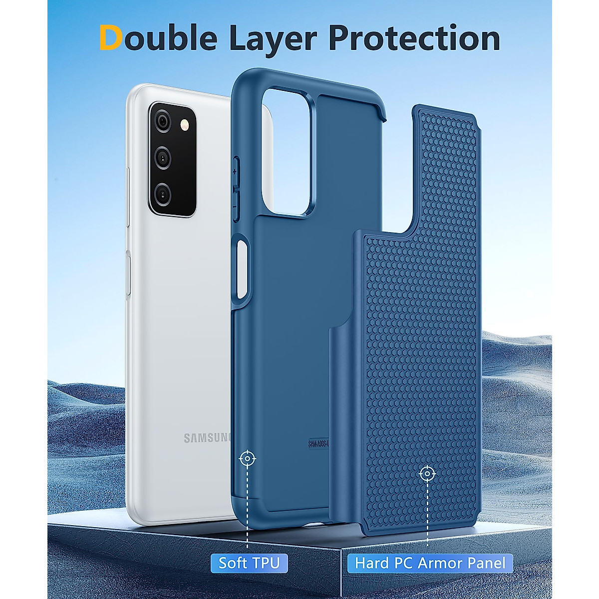 BNIUT for Samsung Galaxy A03s Case: Dual Layer Shockproof Protective Heavy Duty Cell Phone Cover Rugged with Non Slip Textured Back - Military Protection Bumper Tough - 6.5inch (Blue Navy)