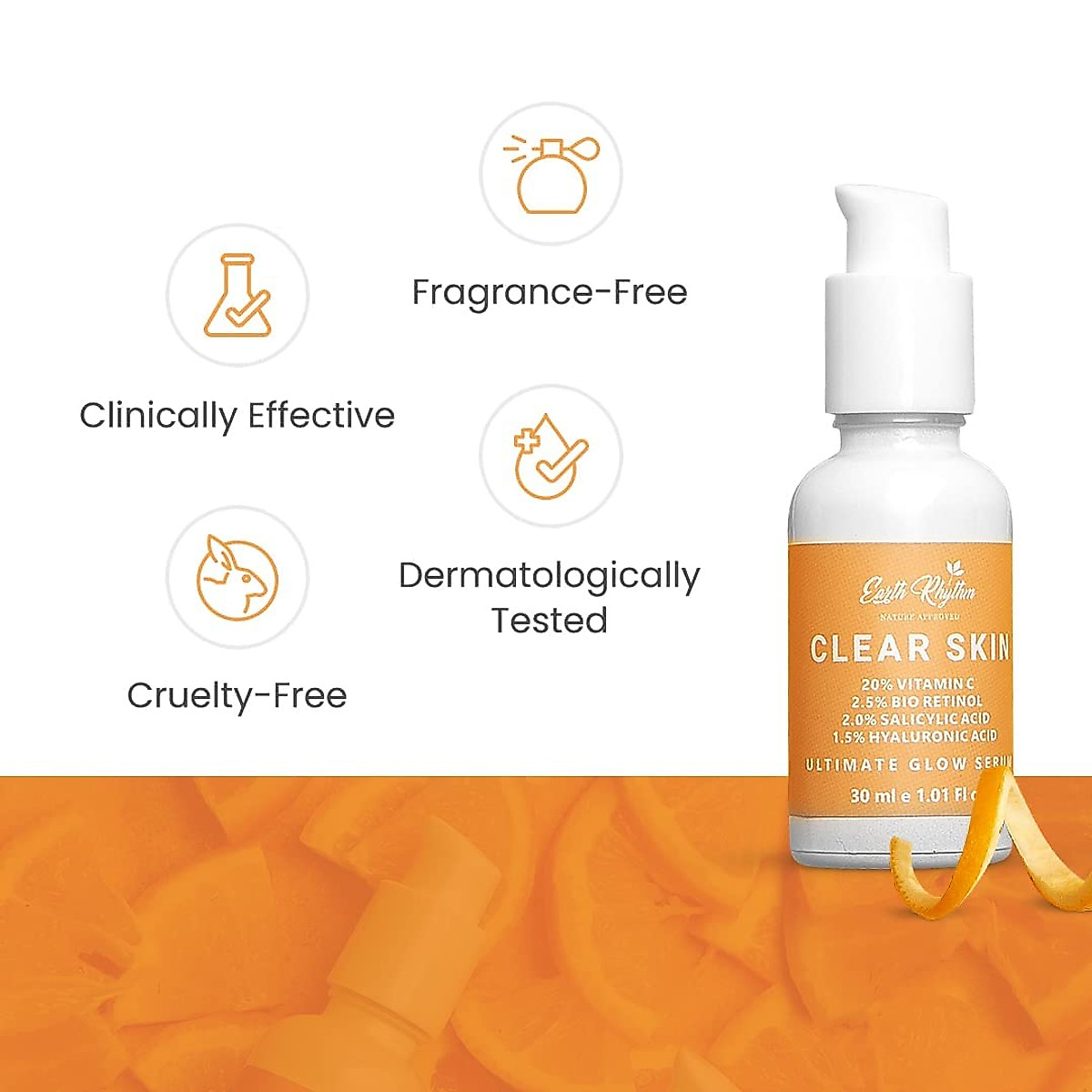 Glovy Rhythm 20% Vitamin C Serum for Glowing & Clear skin with Hyaluronic & Salicylic Acid| Hydrates Moisturizes & Brightens | Suitable for Oily Sensitive & Acne Prone Skin| Men & Women - 30 ml