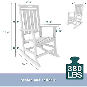 White Oversized Outdoor Rocking Chair, HDPE Outdoor Rocking Chair, Weather Prsistant Patio Rocking Chairs for Adult, White Porch Rocker for Backyard Patio Garden Porch 38" D x 27" W x 46" H