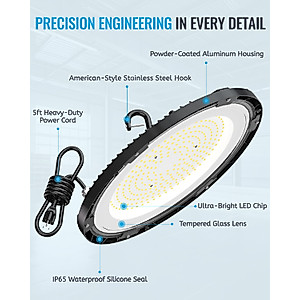 Fullmeii 200W 10 Pack UFO LED High Bay Light 28,000lm 5000K LED High Bay Lights with UL Listed US Hook 5' Cable Alternative to 650W MH/HPS for Gym Factory Barn Warehouse