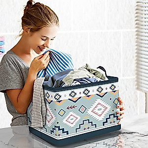 Clastyle Rectangle Blue Boho Clothes Storage Baskets Collapsible Waterproof Geometric Storage Bin for Living Room, 15.7 * 11.8 * 11.8 in