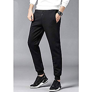 Yeokou Men's Casual Warm Sherpa Lined Elastic Waist Pant Trousers Joggers (Medium, Black-Ribbed Cuff)