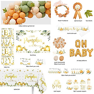 Little Pumpkin Baby Shower Decorations Party Supplies for Boy or Girl, Rustic Fall Autumn Baby Shower Decor, A Little Pumpkin is on The Way Backdrop Balloon Arch Baby Box Mom to Be Sash Dad to Be Pin