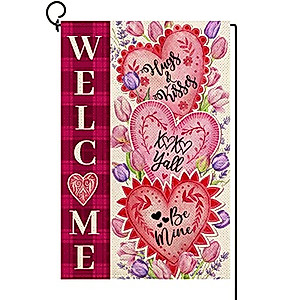 Baccessor Valentine's Day Love Heart Hugs Kiss Be Mine Tulip Garden Flag Double Sided Spring Burlap Flag Anniversary Wedding Yard Outdoor Seasonal Decoration 12x18 Inch