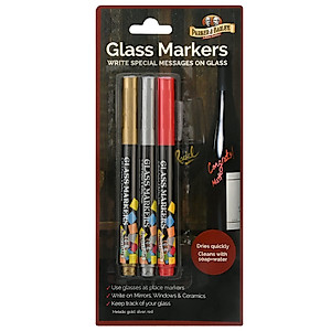 Parker & Bailey Glass Markers - Metallic Markers Wine Glass Markers Washable Wine Markers for Window Mirror Ceramics Drink Glasses Bottles Non-Toxic Glass Pens Gold Silver Red Markers - 3 Pack