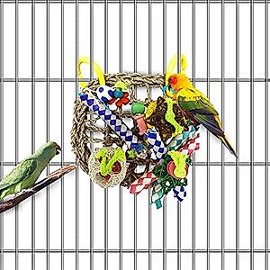 Parrot Toys Bird Foraging Toys, Seagrass Woven Climbing Hammock Net with Colorful Chewing Toys, for Lovebird Parakeets Cockatiel Conure Budgie,Cockatoo
