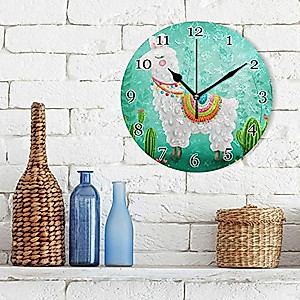 Wall Clock Cute Cartoon Alpaca Cactus Tropical, Quiet Silent Non Ticking Round Clock for Kitchen Bedroom Living Room Office Classroom Home Decor