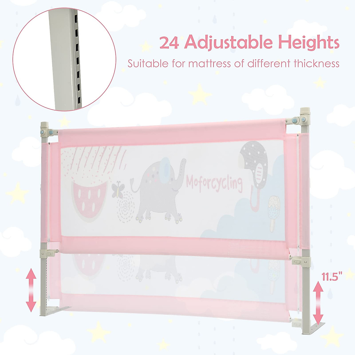 BABY JOY Bed Rail for Toddlers, 57’’ Extra Long, Height Adjustable & Foldable Baby Bed Rail Guard w/Breathable Mesh & Double Safety Child Lock for Kids Twin Double Full Size Queen King Mattress, Pink